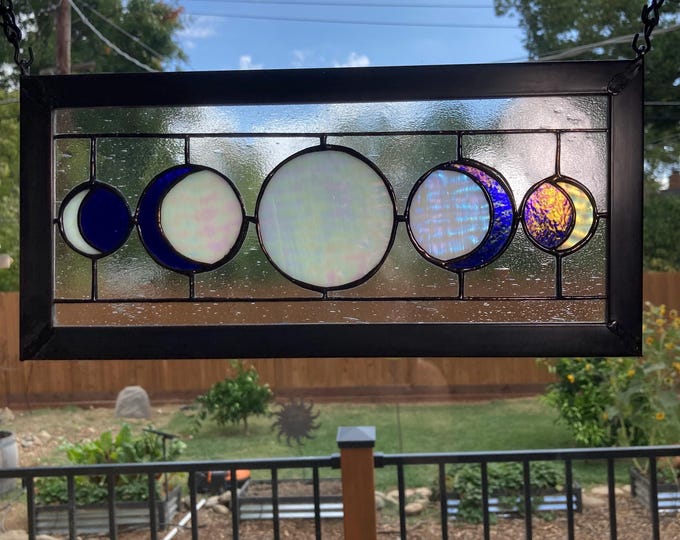 Five Moon Phases Stained Glass Window Panel Dark Blue/irid White Ripple ...
