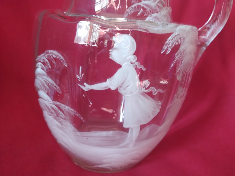 Antique Mary Gregory Hand Blown Art Glass Clear White Girl Jug Pitcher ...