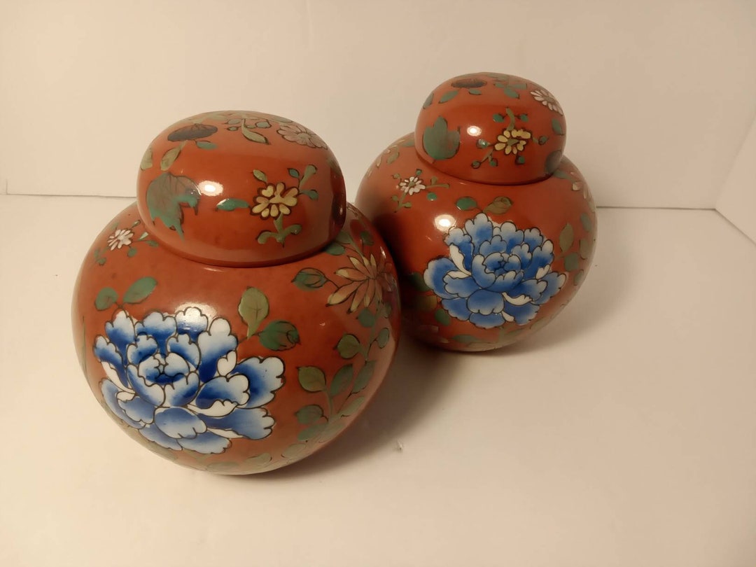 Vintage Hand Painted Pair Set Flower Ginger Jar Rusty Orange Red - Etsy