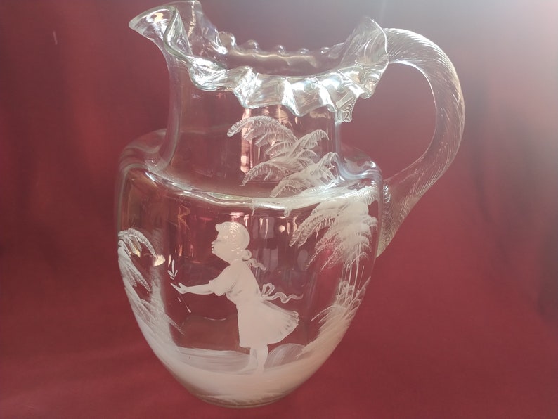 Antique Mary Gregory Hand Blown Art Glass Clear White Girl Jug Pitcher ...