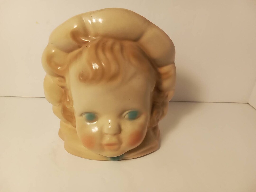 Vintage Ceramic Baby Head Planter Flower Pot Pottery Bonnet Infant Hull ...