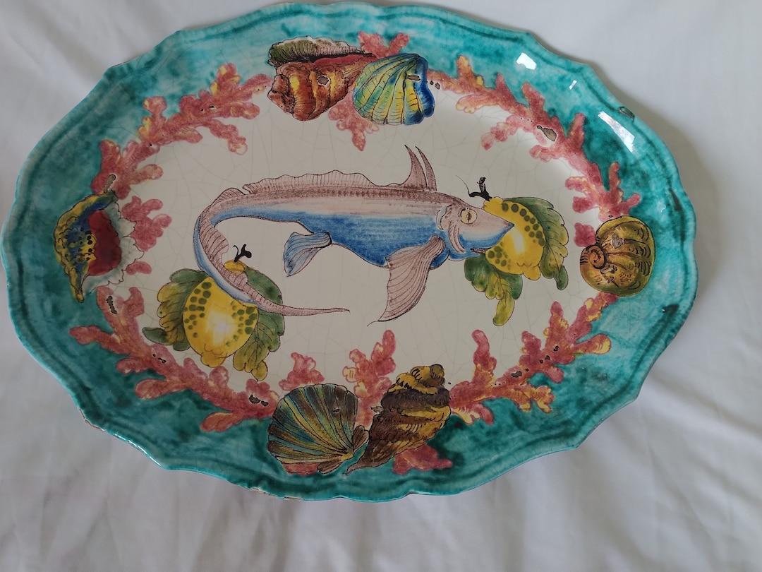 Vintage Crackle Glazed Fish Platter Majolica Scalloped Edge Large Multi ...