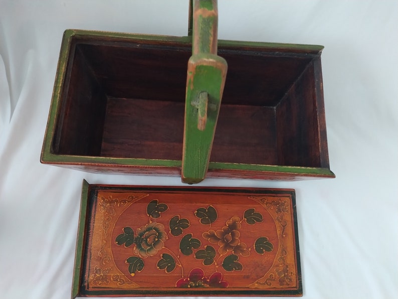 Vintage Chinese Wood Box W/ Handle Hand Painted Flowers Raised - Etsy