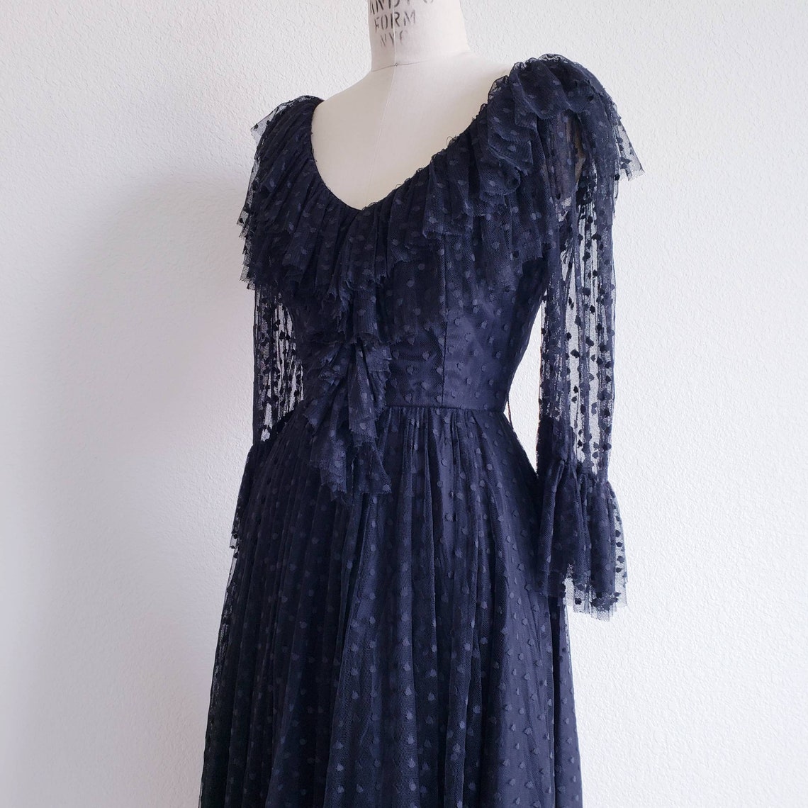 Vintage 70s Miss Ashlee Black Dotted Net Dress - Etsy