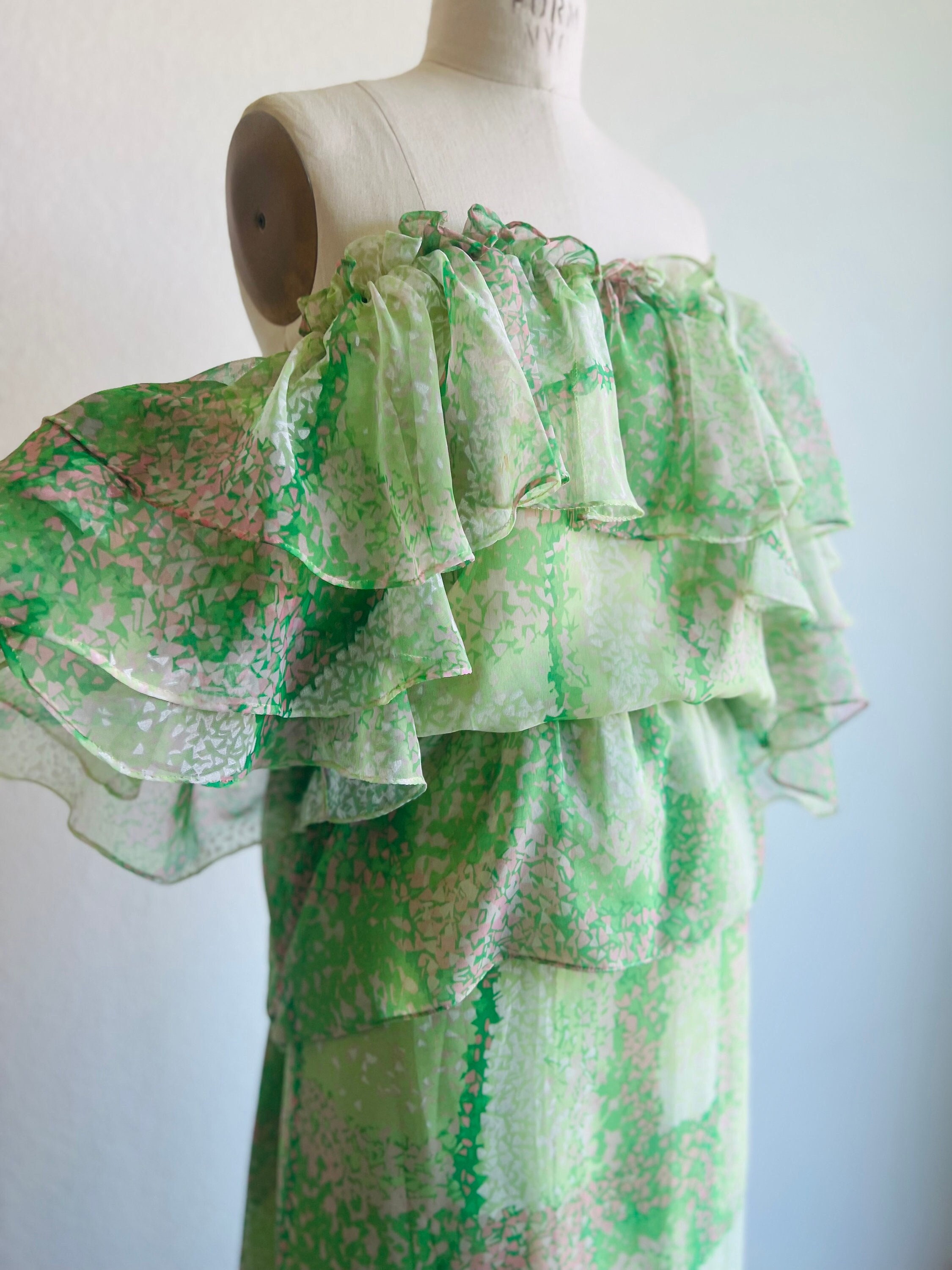 Vintage 70s Green Chiffon Ruffle 2pc Set - Etsy