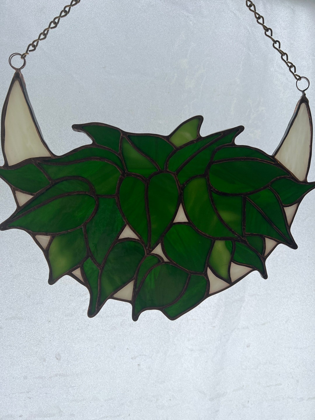 Stained Glass Art Half Moon Green Leaves Hanging Plant Sun Catcher ...