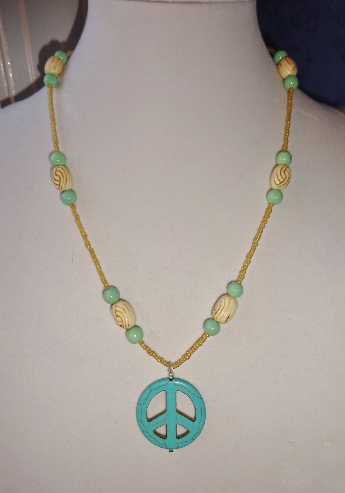 Turquoise Peace Sign Necklace Handmade Beige Aqua Necklace | Etsy