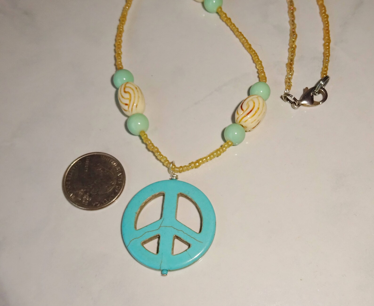Turquoise Peace Sign Necklace Handmade Beige Aqua Necklace | Etsy