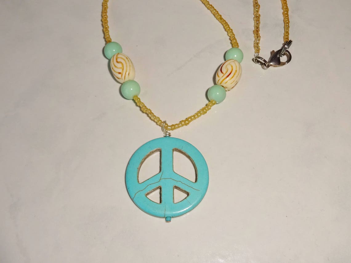 Turquoise Peace Sign Necklace Handmade Beige Aqua Necklace | Etsy