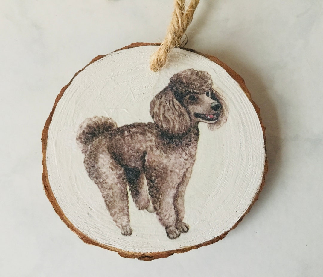 Wood Slice Ornament Poodle Dog Silver Decoupage 3 1/2" X 3 1/2" Pine ...