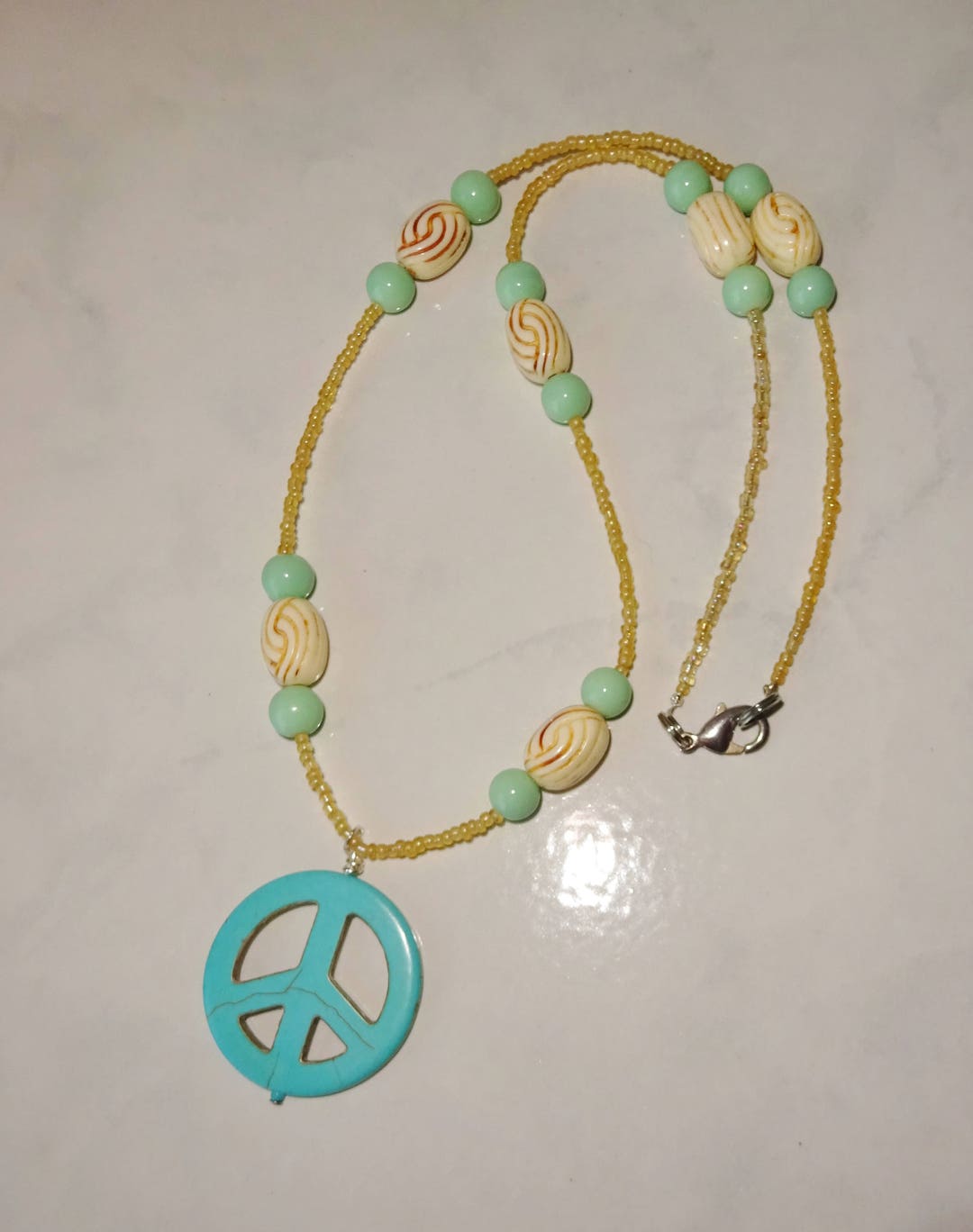 Turquoise Peace Sign Necklace Handmade Beige Aqua Necklace - Etsy