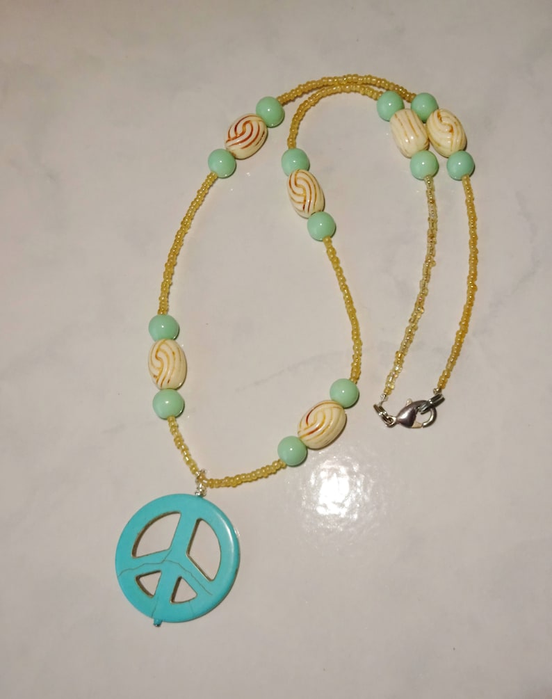 Turquoise Peace Sign Necklace Handmade Beige Aqua Necklace | Etsy
