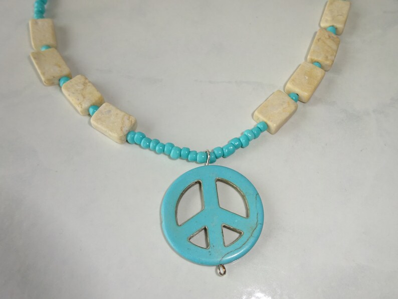 Turquoise Peace Sign Necklace Howlite Peace Sign Beige Stone Beads ...