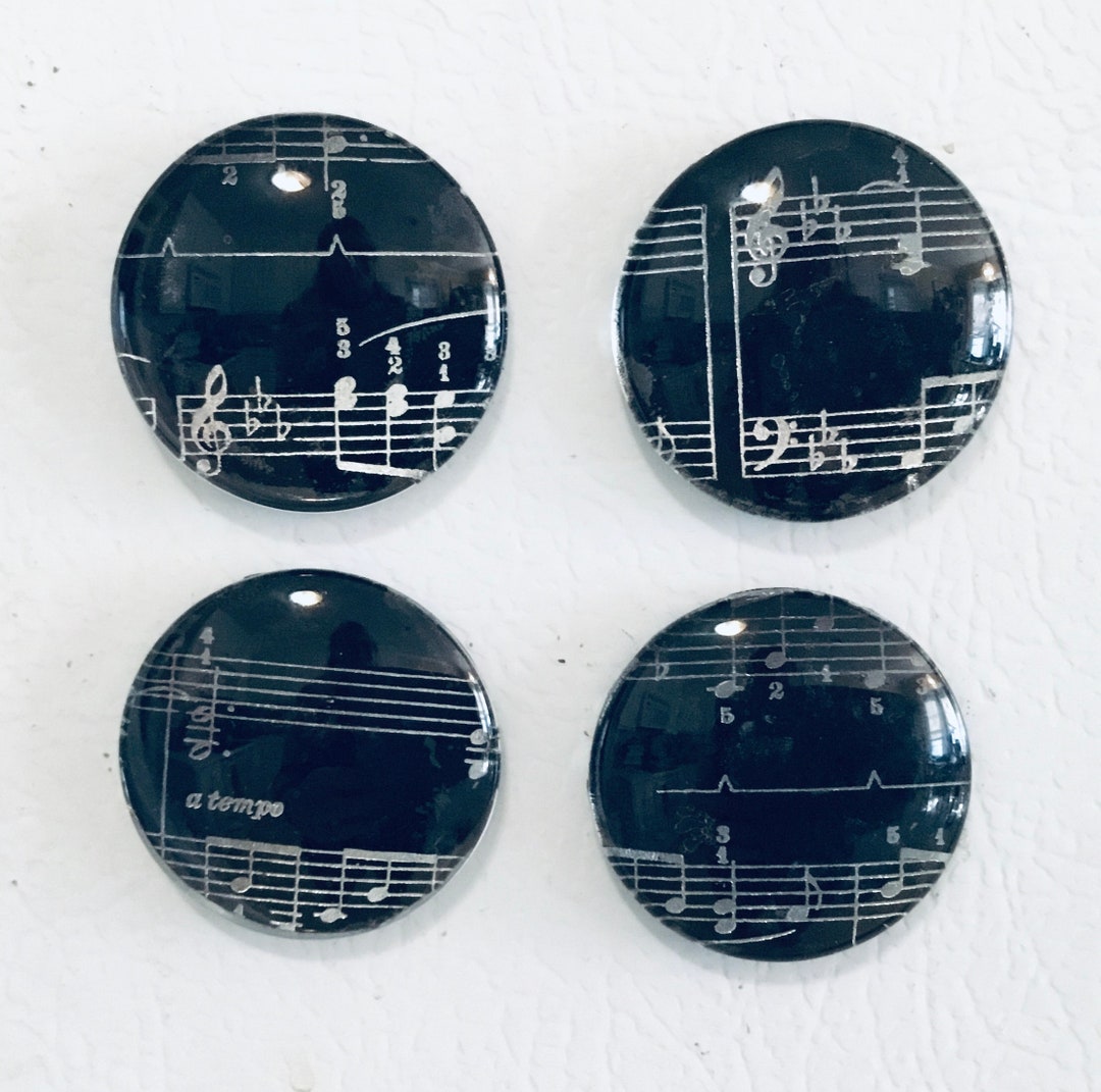 Music Magnets Large Round Glass Magnets Set of 4 Notes Silver on Black ...