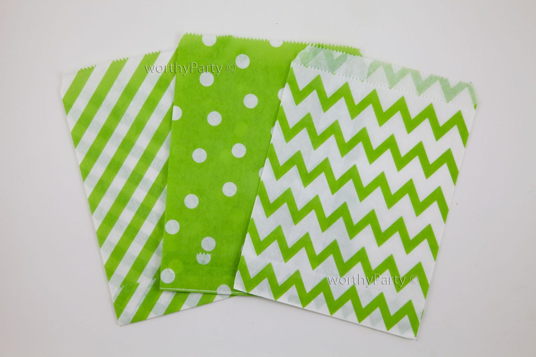 LIME GREEN Chevron Diagonal Stripe Polka Dot Kraft Paper Goodie Treat ...