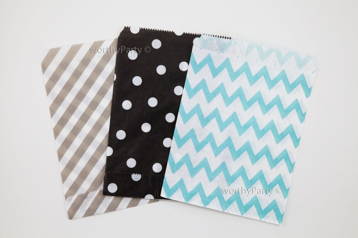 AQUA Chevron Diagonal Stripe Polka Dot Kraft Paper Goodie - Etsy