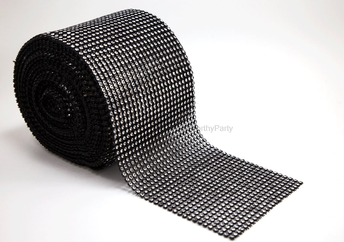 BLACK SILVER Diamond Bling Mesh Rhinestone Crystal Ribbon ROLL - Etsy