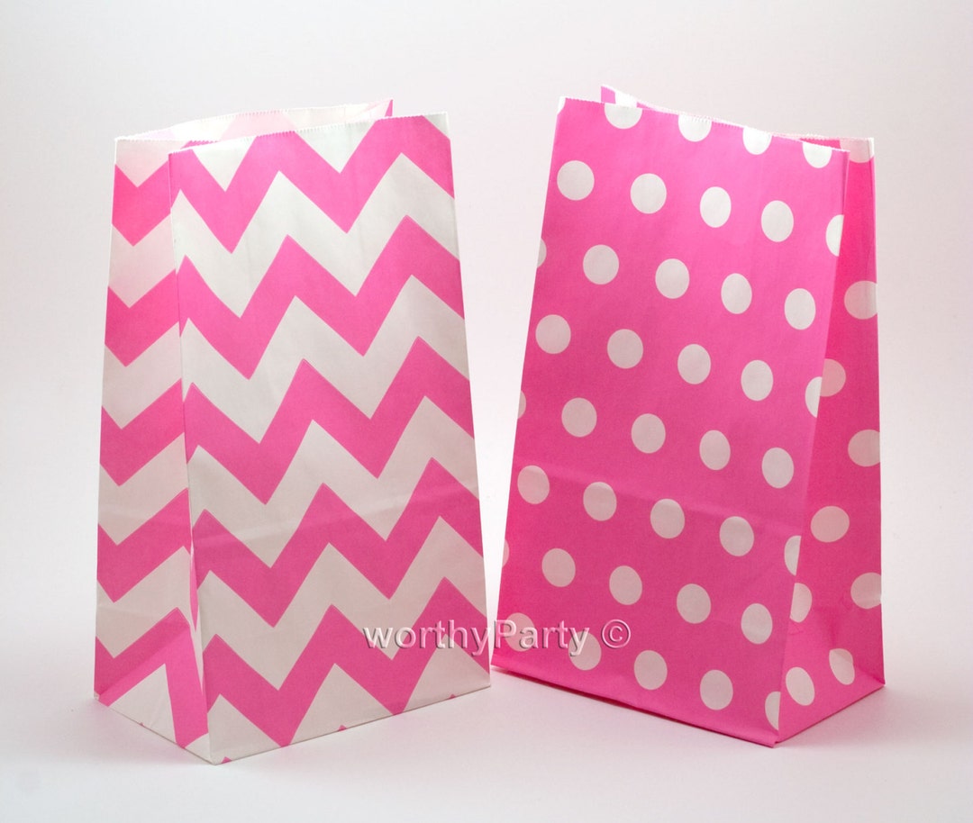 HOT PINK Chevron Polka Dot Kraft Paper Popcorn Stand up Bags, Party ...