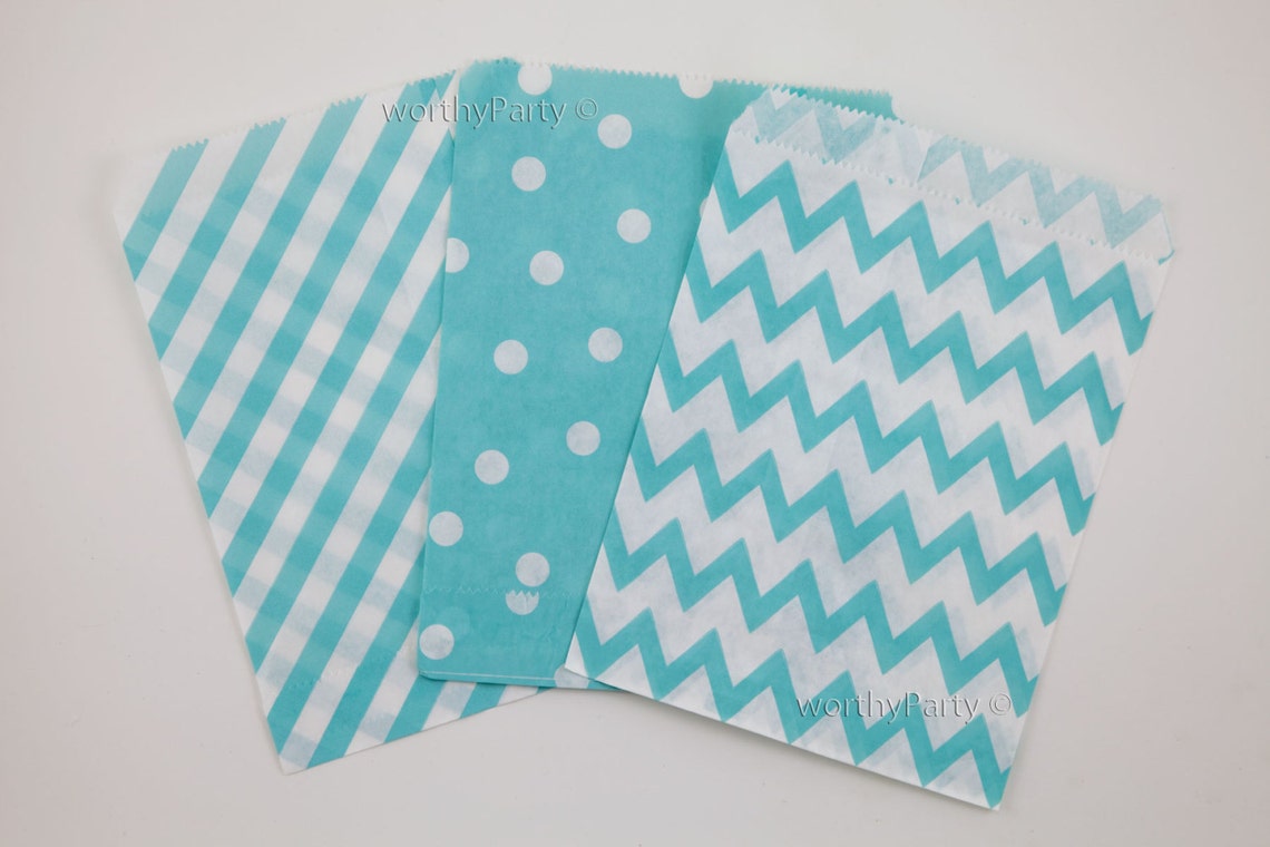 AQUA Chevron Diagonal Stripe Polka Dot Kraft Paper Goodie | Etsy