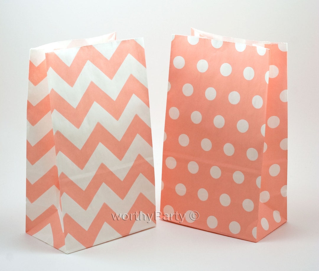 SALMON PINK Chevron Polka Dot Kraft Paper Popcorn Stand up Bags, Party ...