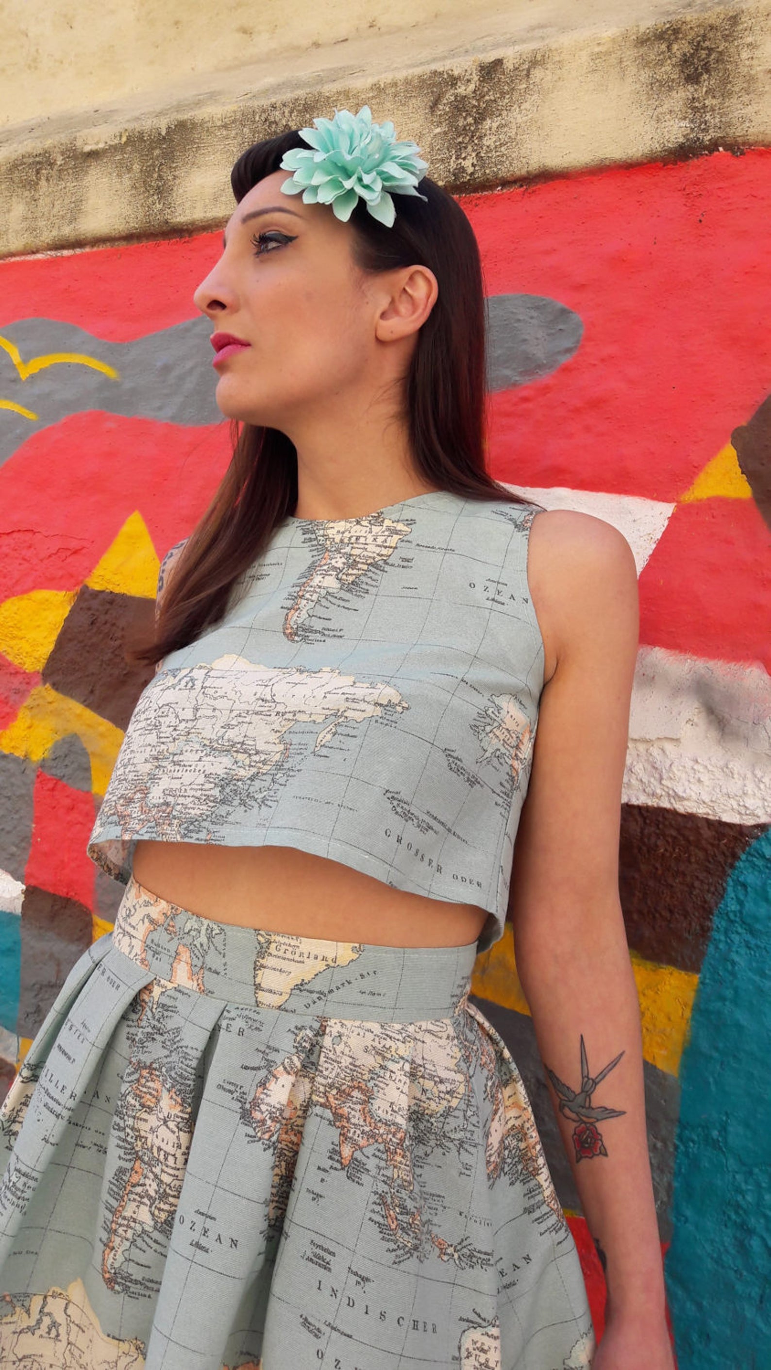 World Map Dress Set Made of Cotton Crop Top and Skirt Two | Etsy