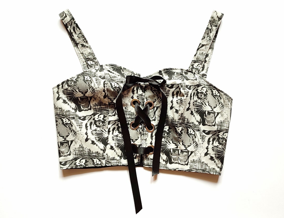 Lace up Crop Top Bustier With Tigers, Black and White Corset Top Made ...
