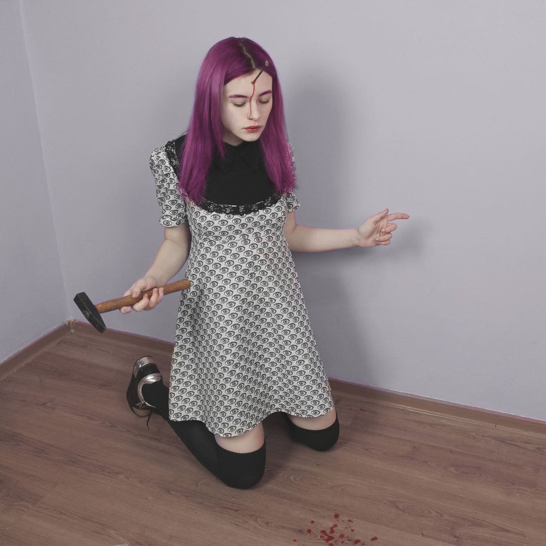 Mini Dress With Eyeball Print, Mod A Line Cotton Dress With Spooky Eyes ...