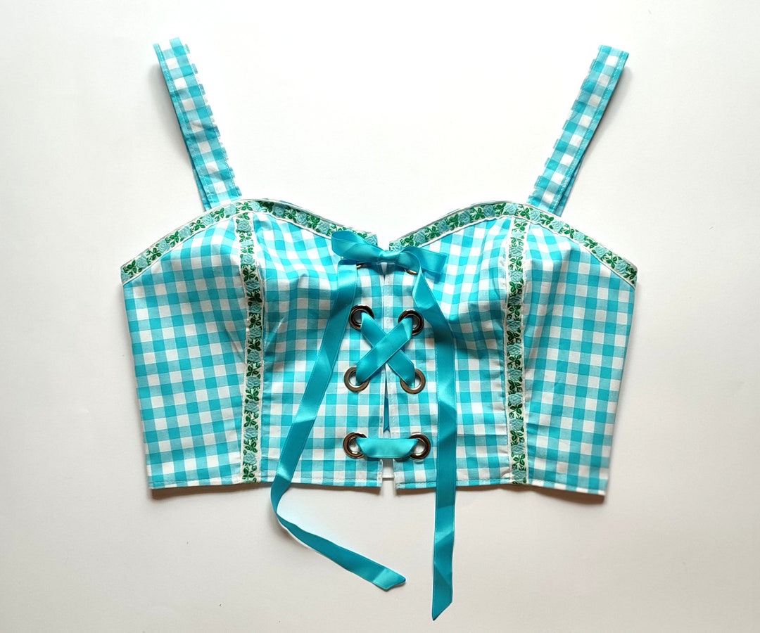 Gingham Lace-up Corset Top, Turquoise Plaid Cotton Bustier - Etsy