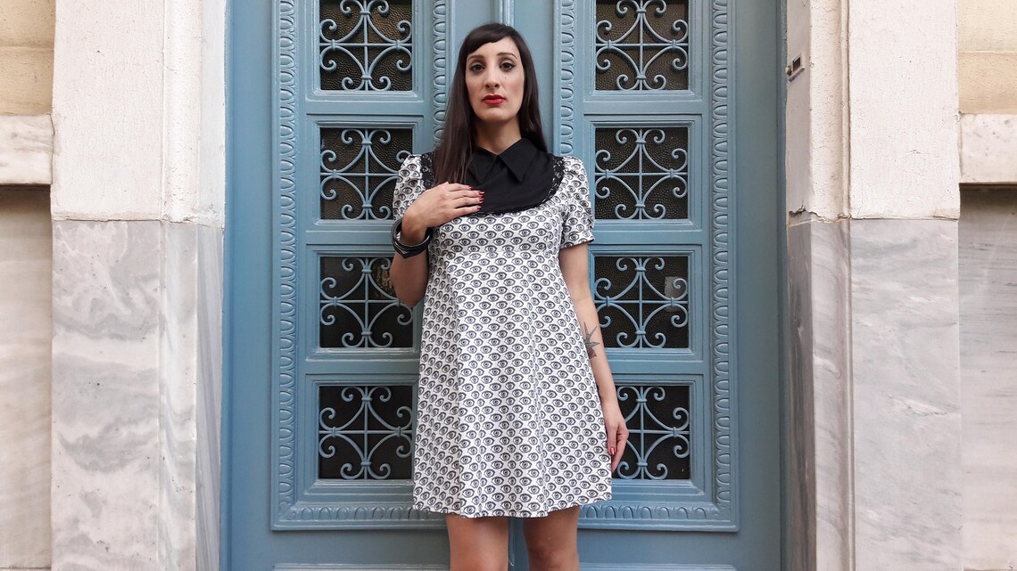 Mini Dress With Eyeball Print Mod A Line Cotton Dress With - Etsy