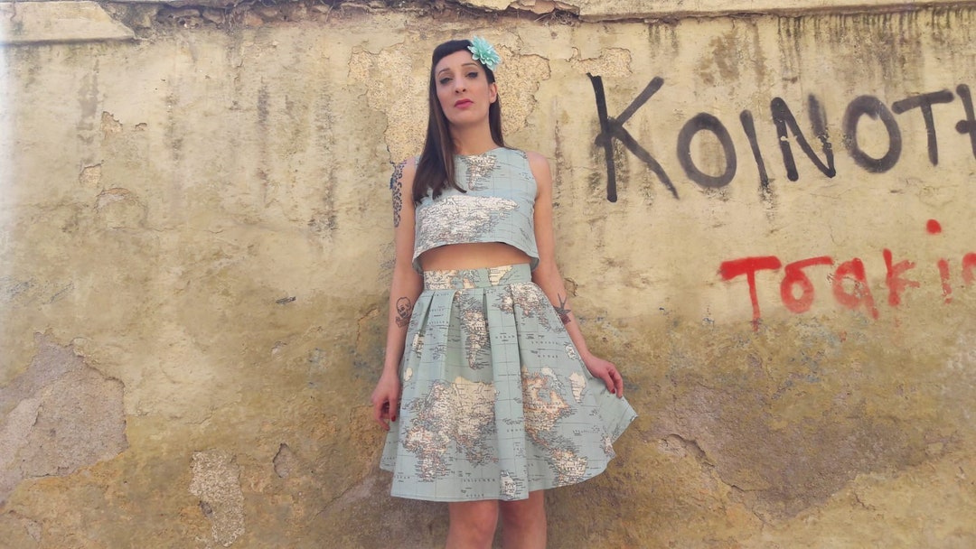 World Map Dress Set Made of Cotton, Crop Top and Skirt Two Piece Set ...