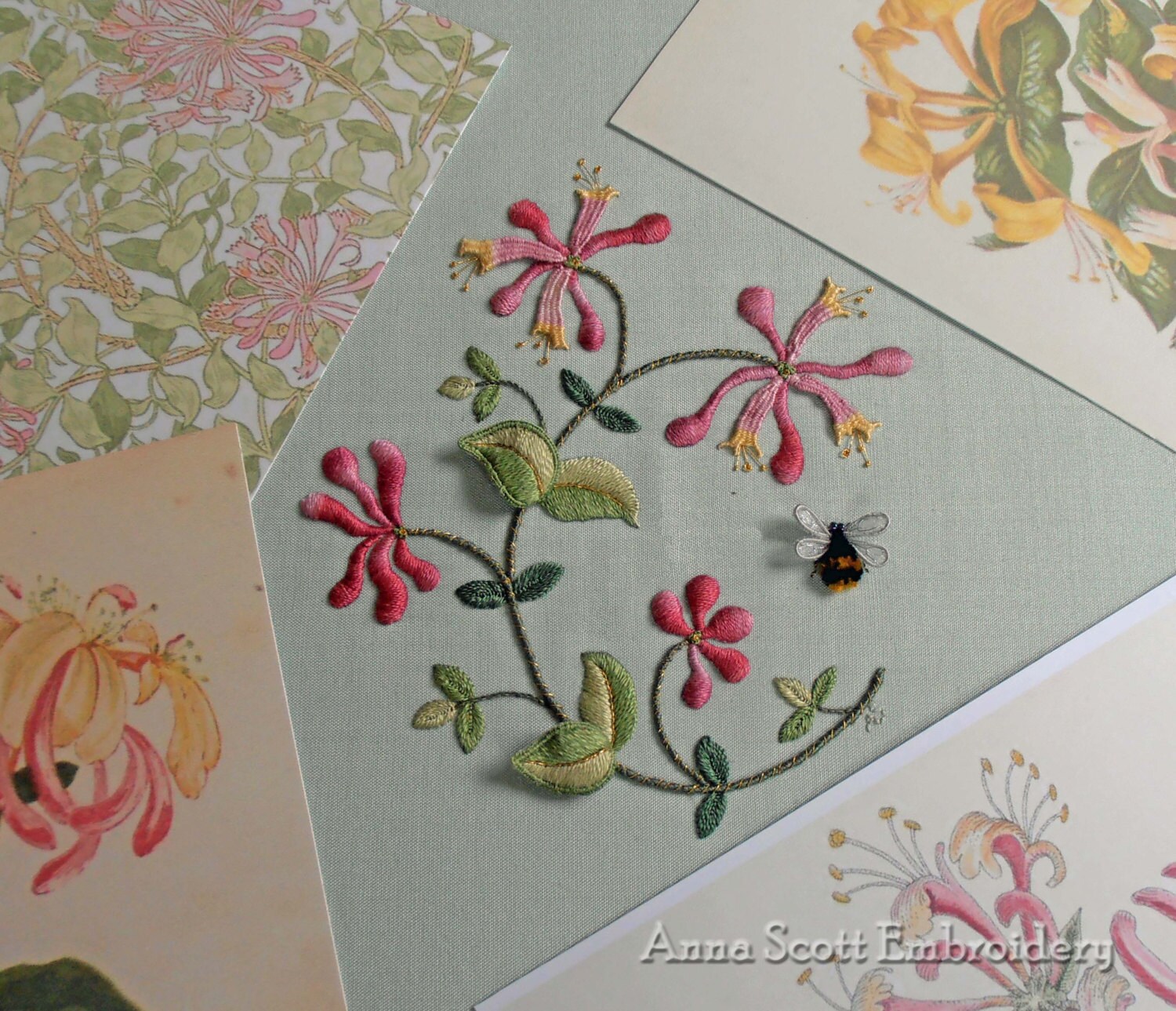 SWEET HONEYSUCKLE Raised Embroidery Pattern — Anna Scott Embroidery