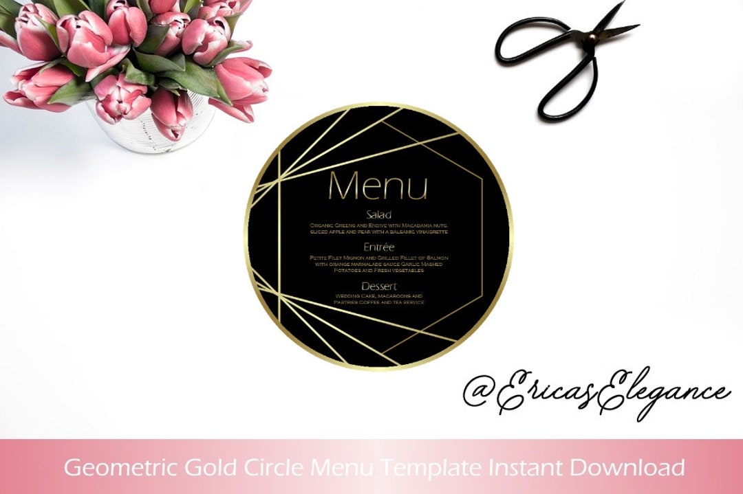 Round Menu Cards, Geometric Circle Menu, Minimal Modern Black and Gold ...