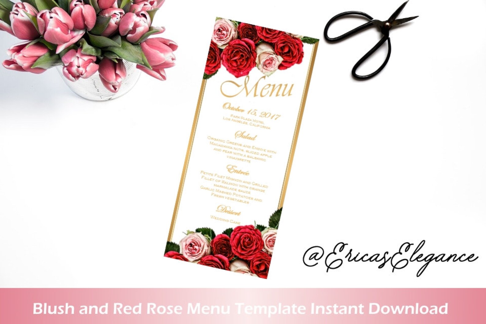 Red and Gold Printable Wedding Menu Template rose Valentine's Day ...