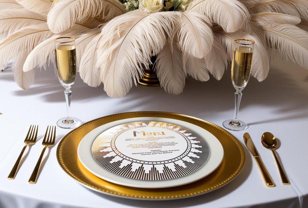 Gold and White Round Circle Menu Card, Gatsby Menu , Gold Foil Wedding ...