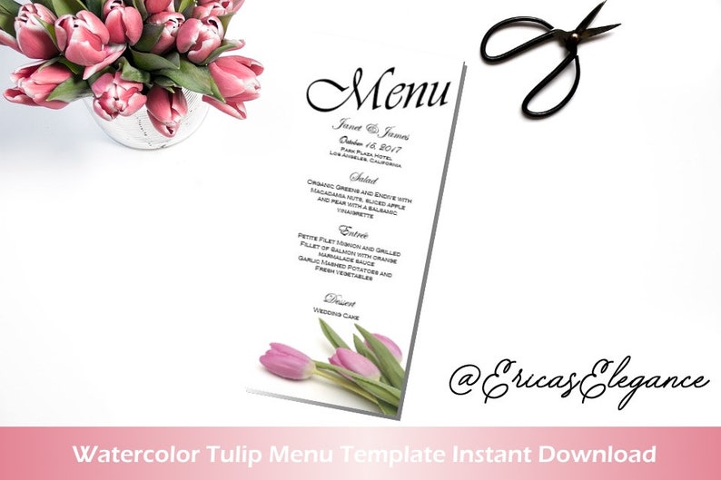 Watercolor Tulip Menu Purple Printable Wedding Menu Template tea Length ...