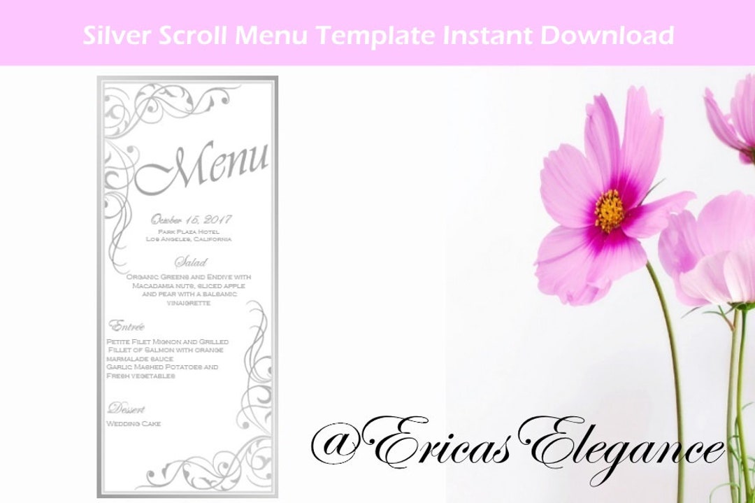 Printable Wedding Menu Template in White and Silver Microsoft Word ...