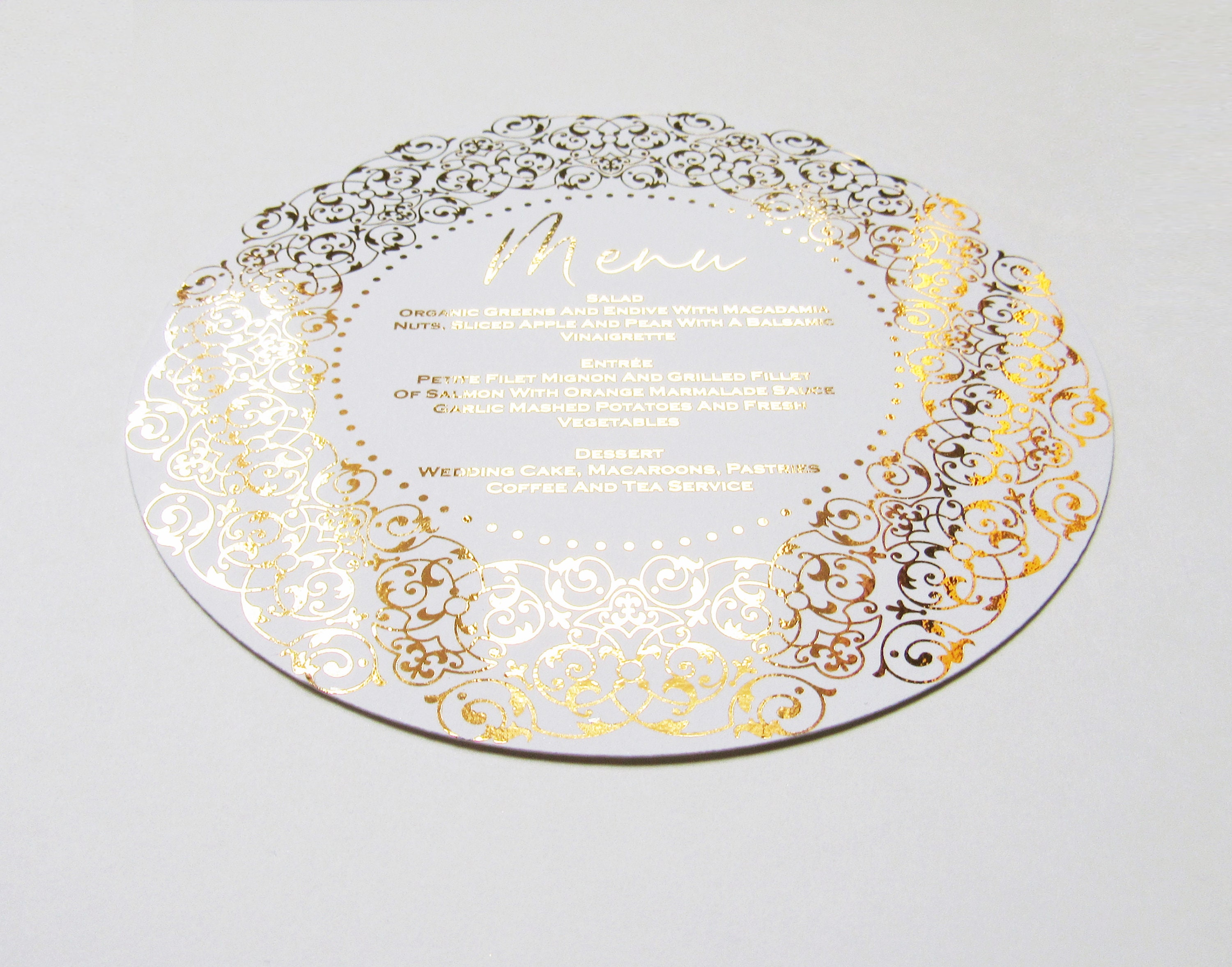 Round Circle Menu in Gold and White, Scroll Art Decal Menu, Foil Dinner ...