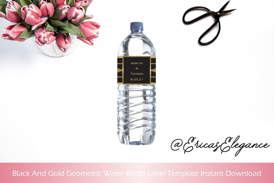 Printable Water Bottle Labels Template Black and Gold Geometric ...
