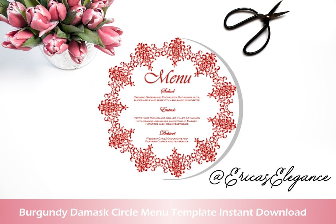 Round Menu Cards, Damask Circle Menu, Minimal Modern White and Burgundy ...