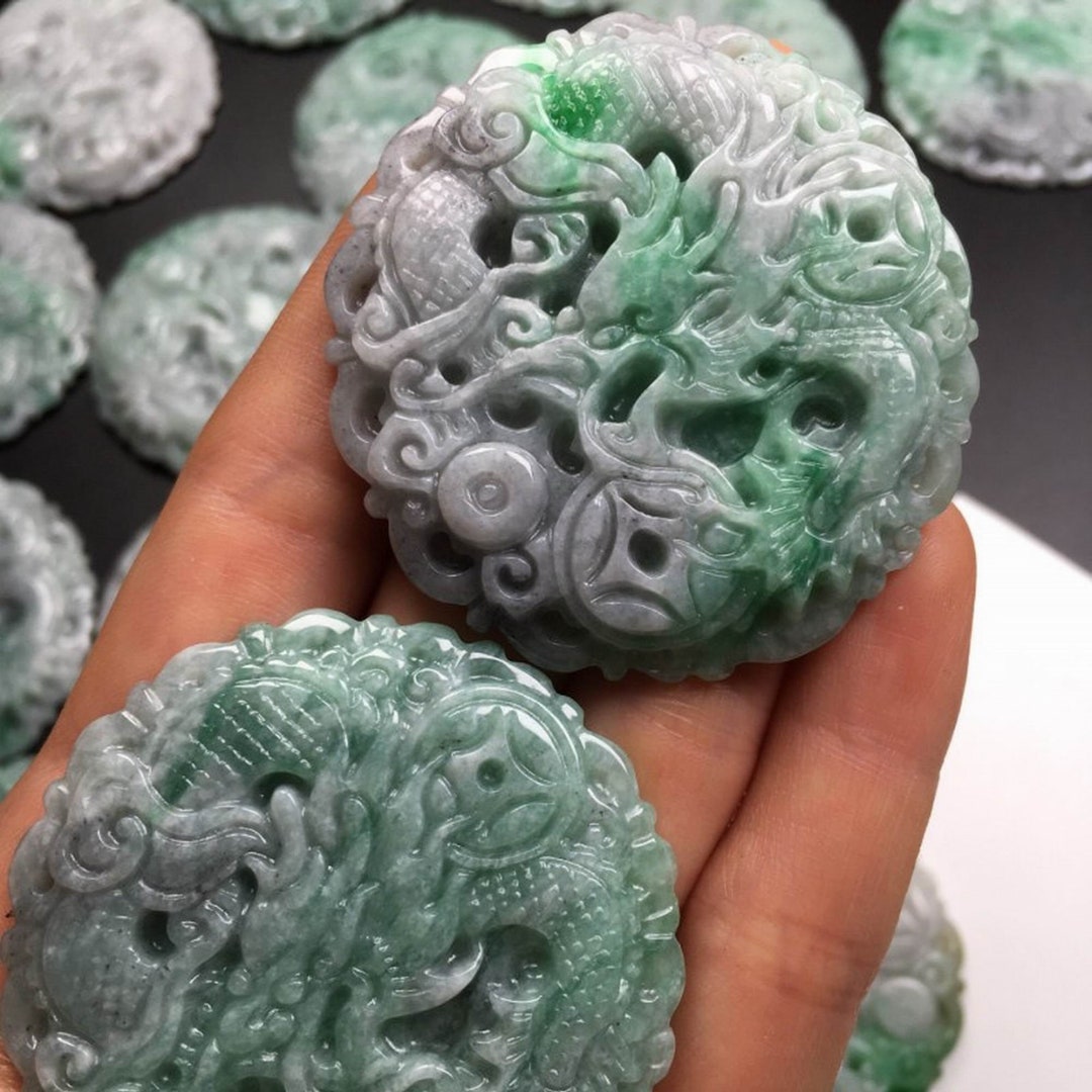 Natural Grade A Burma Jadeite Moss in Snow Dragon Engraved Amulet ...