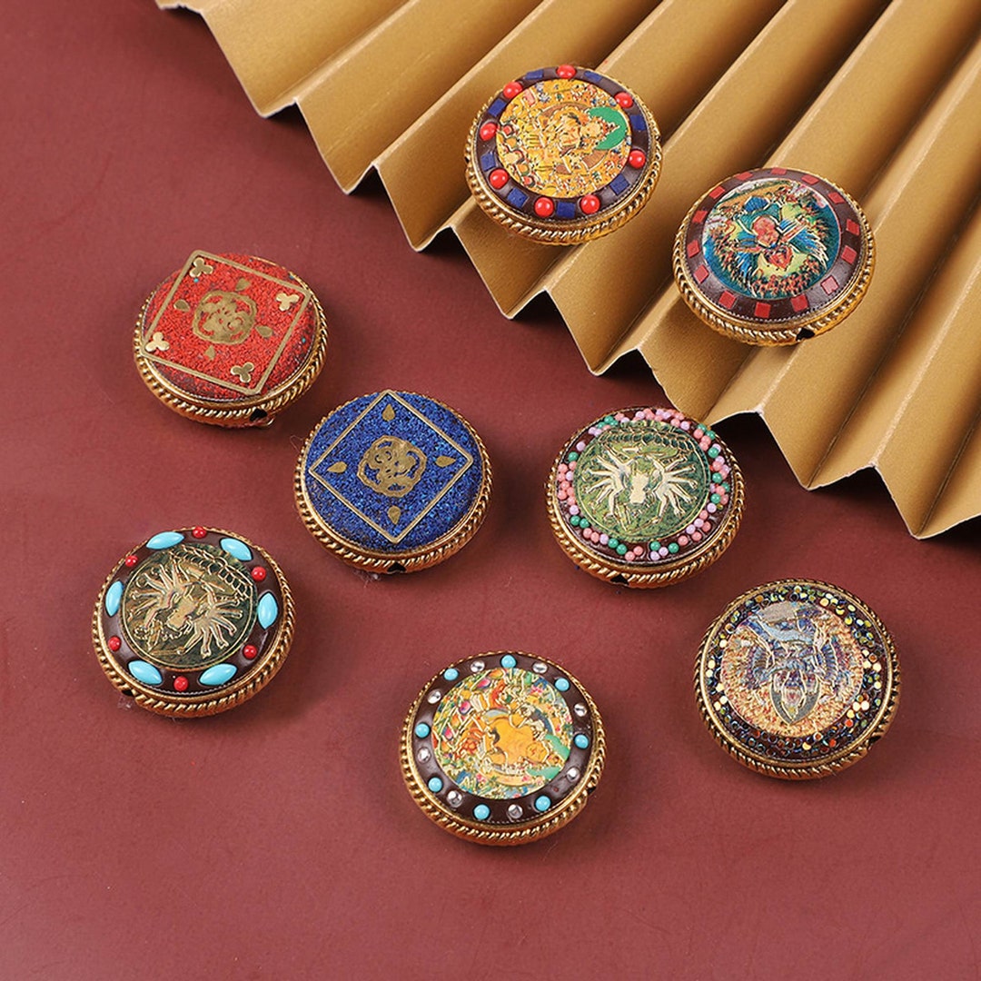 5pcs Nepal Metal Inlay Beads, Tibetan Beads, Amulet Beads, Ethnic Beads ...