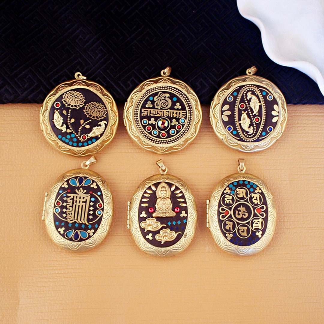 2pc Nepal Brass Inlay Round Photo Locket Pendant,tibetan Jewelry ...