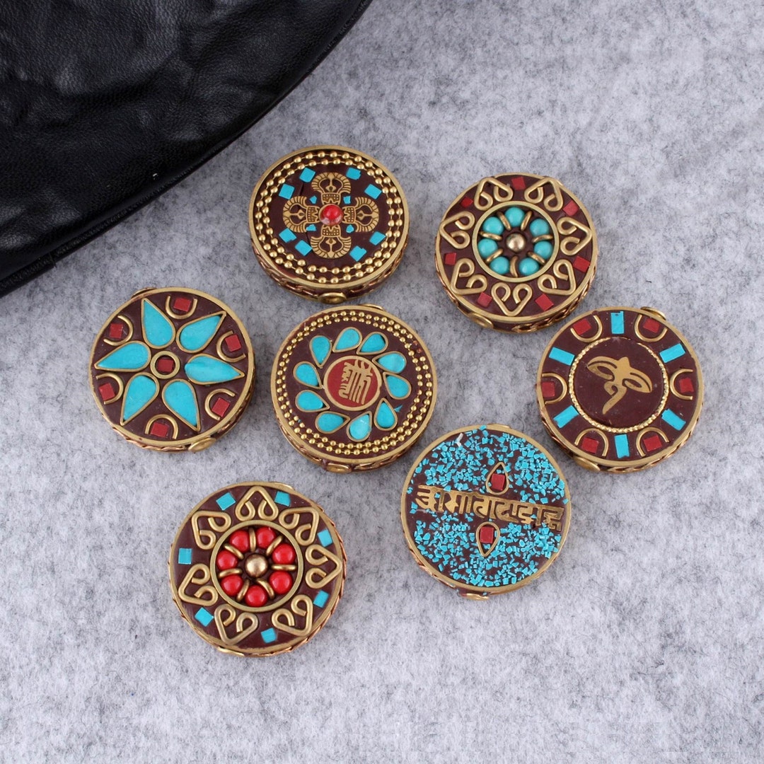 5pcs Nepal Metal Inlay Beads, Tibetan Beads, Amulet Beads, Ethnic Beads ...