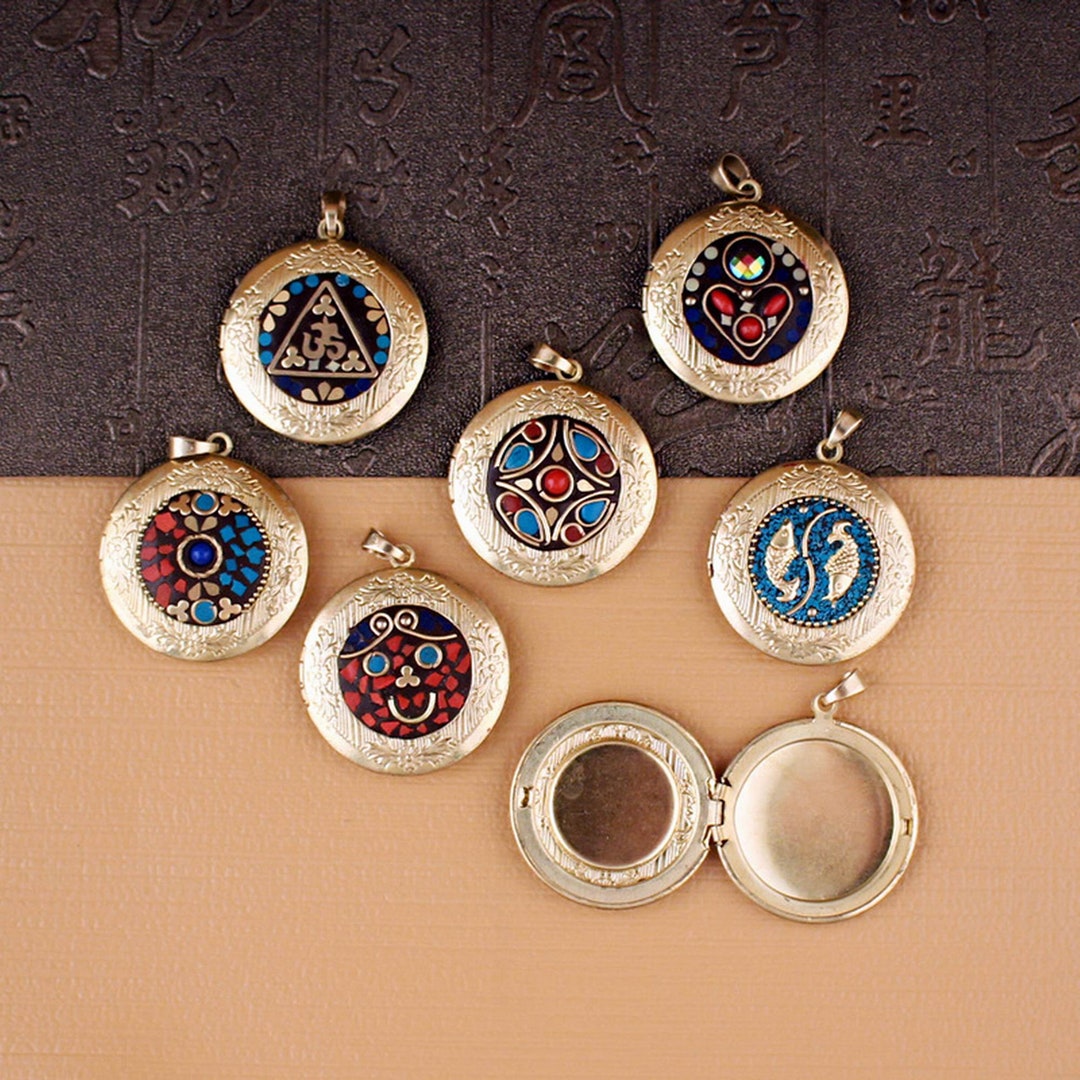 2pc Nepal Brass Inlay Round Photo Locket Pendant,tibetan Jewelry ...