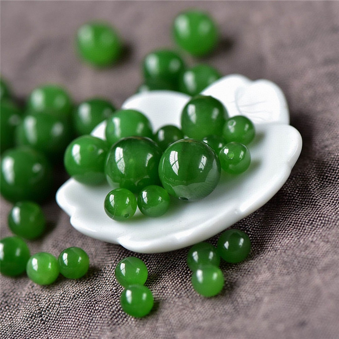 DDP | 2pcs Natural Green Nephrite Jade Round Beads,half-drilled Hole ...