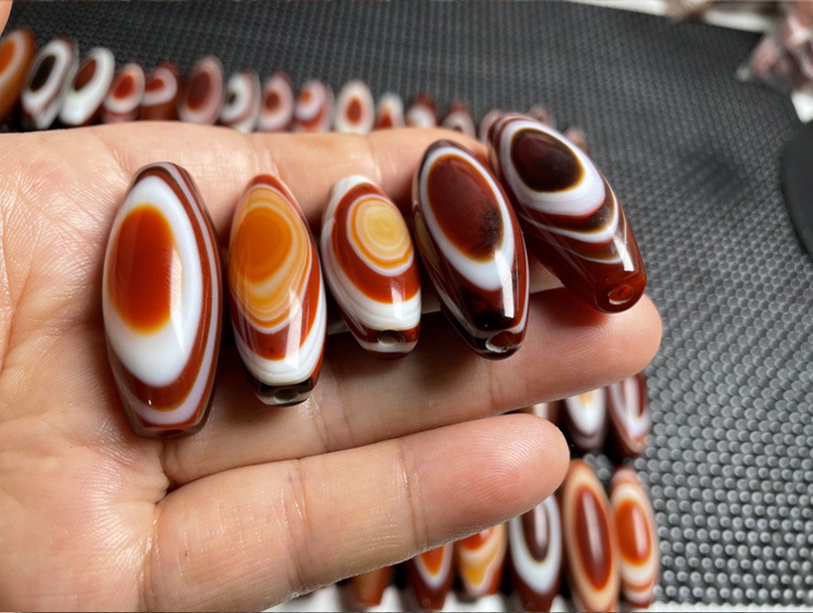 Natural Grade A Brazilian Banded Eye Agate Tibetan Elongated Dzi Beads ...