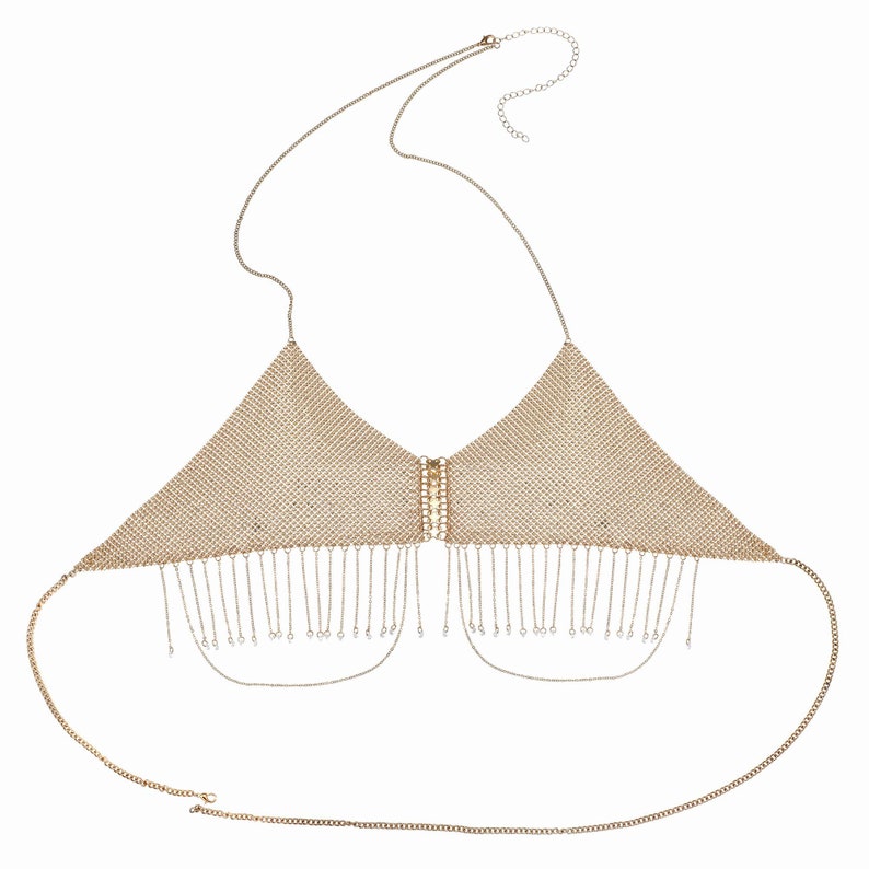 Shiny Gold Chainmail Bra With Chain Tassels and Cubic Zirconia - Etsy