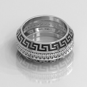 Greek Key Diamond Wedding Ring Comfort Fit With Blackened Enamel Motif ...