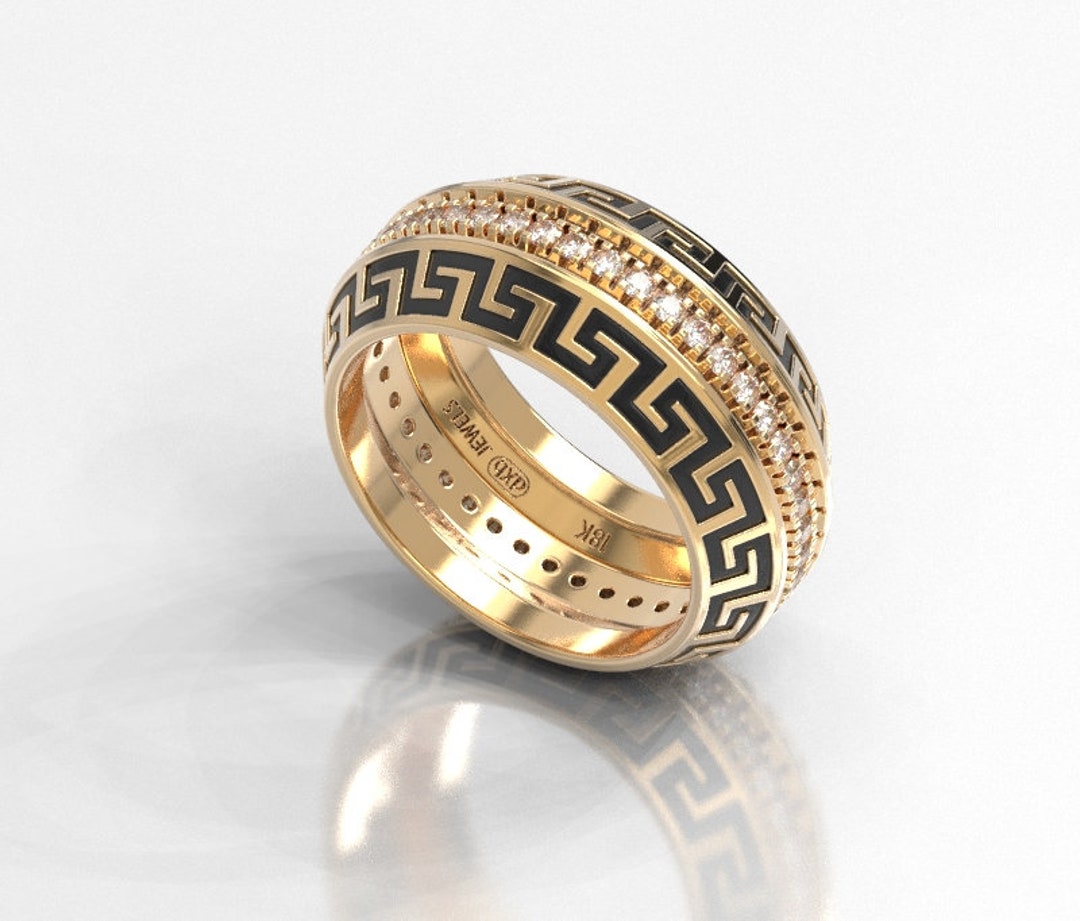 Diamonds Greek Key Wedding Ring Comfort Fit With Blackened Enamel Motif ...