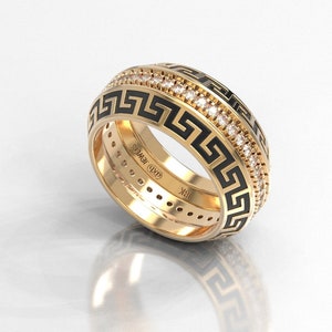 Greek Key Diamond Wedding Ring Comfort Fit With Blackened Enamel Motif ...